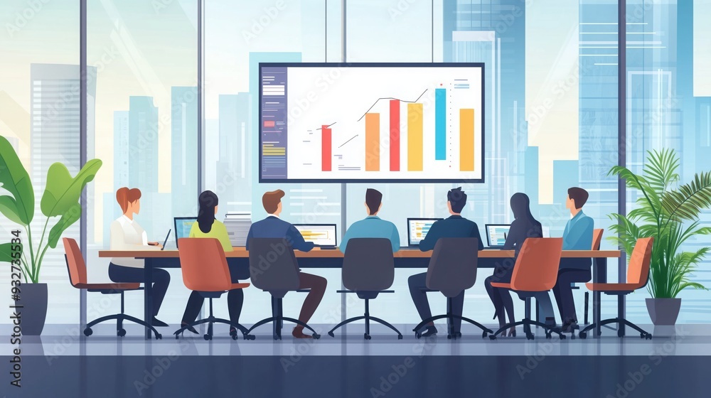 A modern office meeting with four professionals discussing a project ...