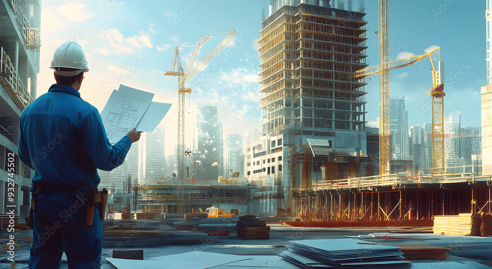 "A Construction Worker in Blue Overalls and a White Helmet, Engaged in ...