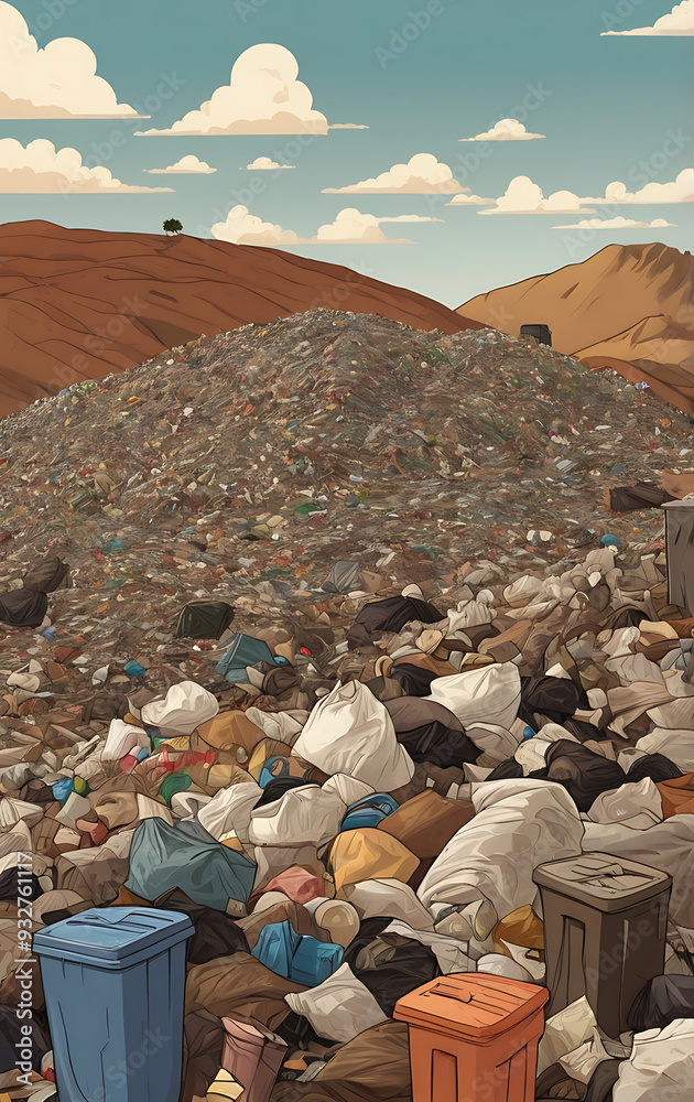 Illustration of a Deserted Landfill Piled High with Trash, Highlighting ...