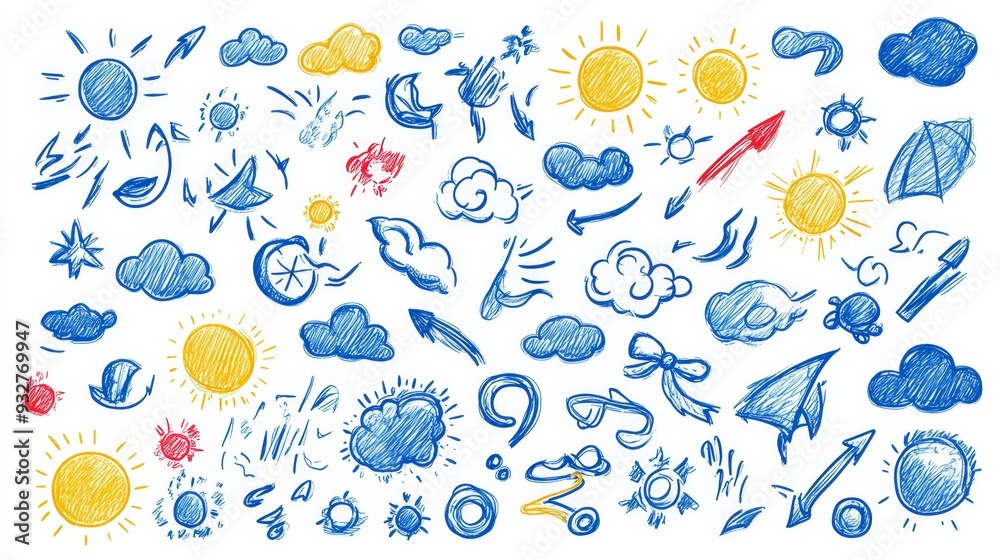 Whimsical Hand-Drawn Weather Map with Sun, Rain, and Wind Icons for ...