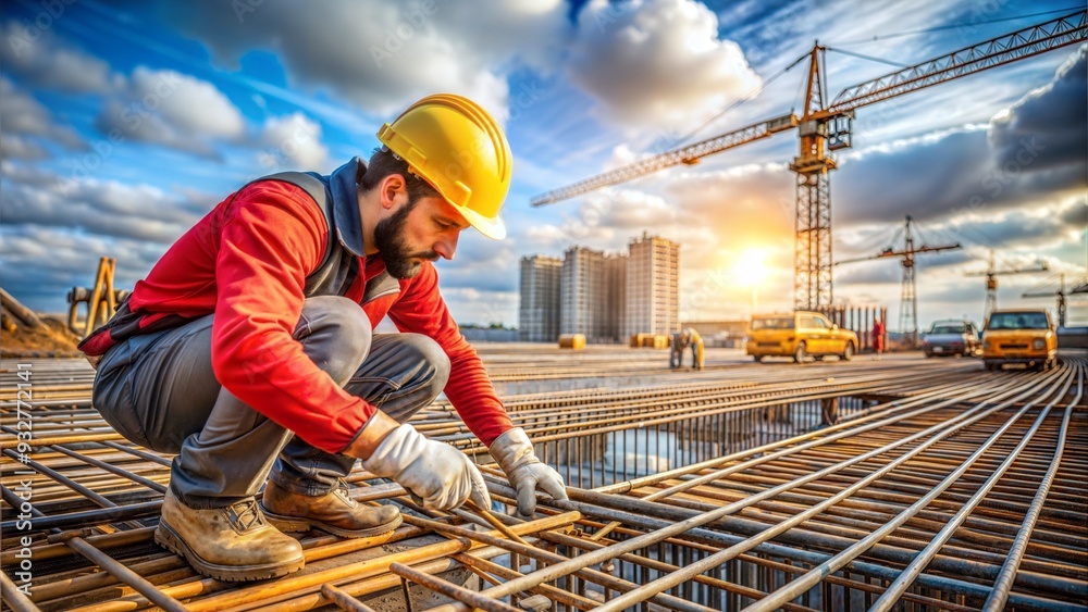 Focused construction worker crouching on steel rebar, tying ...