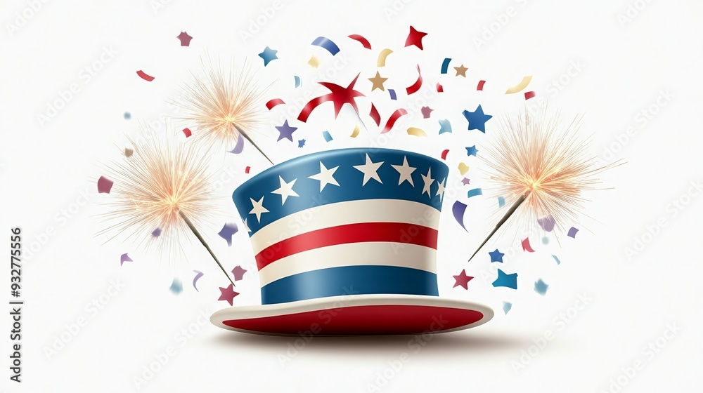 Festive patriotic hat surrounded by fireworks and confetti, symbolizing ...