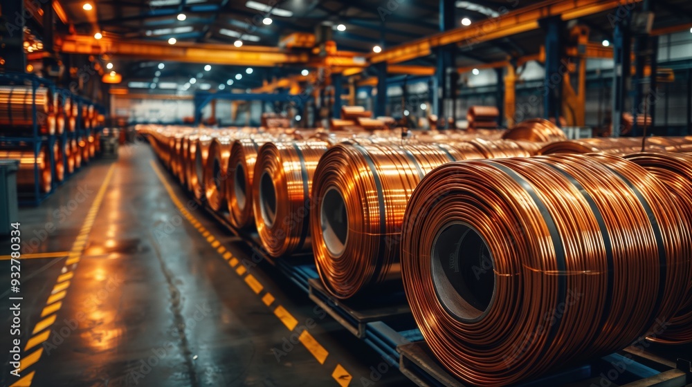 Copper coils lined up in manufacturing plant. Copper coils lined up in ...