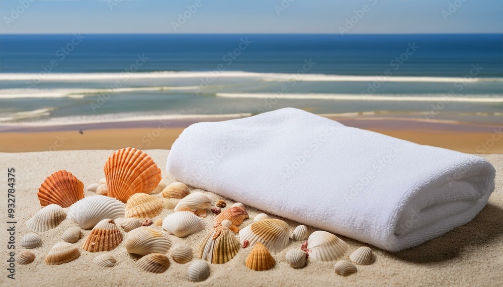 towel and sea shells on the beach, A white towel sprawled on the sand ...