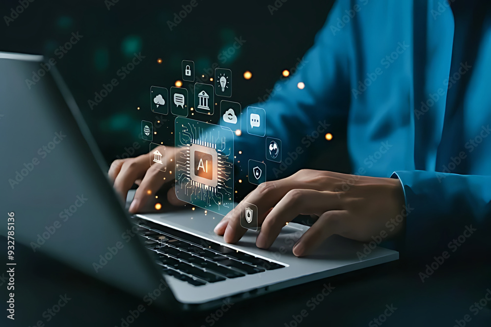 Chat with AI or Artificial Intelligence technology concept. Man using ...