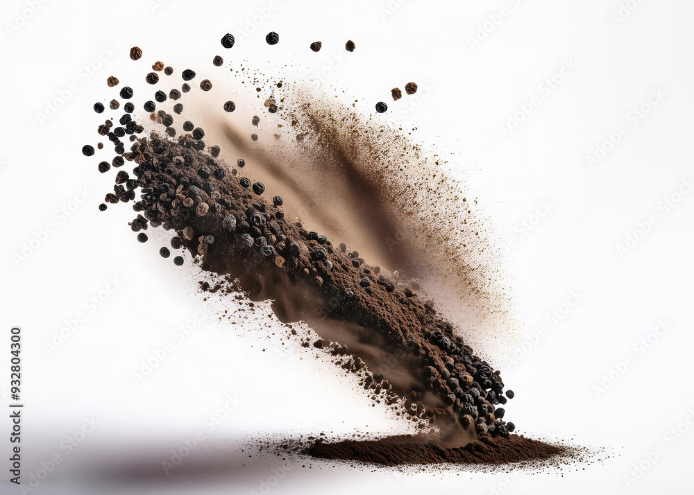 Dynamic black peppercorn floating mid-air with fine pepper dust ...