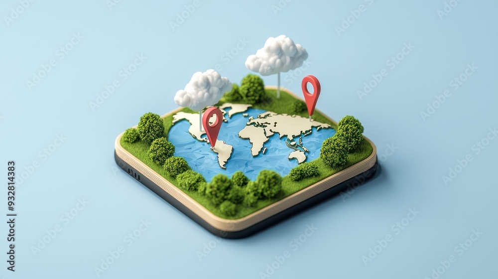 Global Travel Concept - 3D Isometric World Map with Destination Pins ...