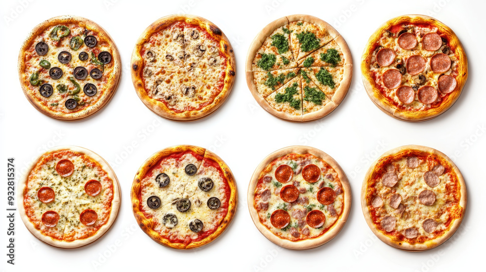 “Top view of a set of different pizzas, arranged in various styles and ...