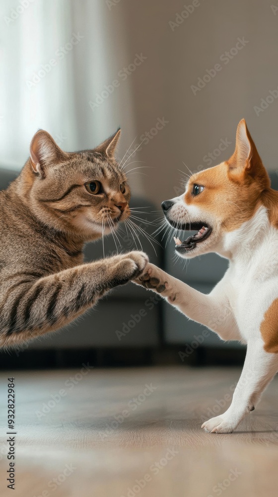 An aggressive cat swiping at a dog, showcasing territorial behavior ...