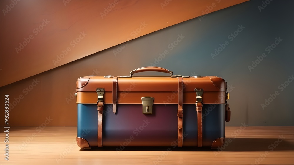 Product design is displayed with a leather suitcase on a hardwood board ...
