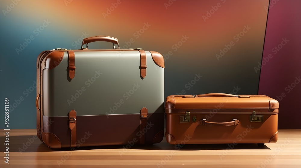 Product design is displayed with a leather suitcase on a hardwood board ...