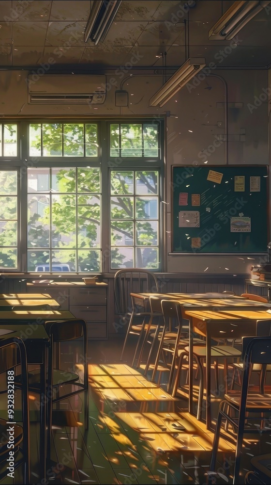 Morning light illuminates an empty classroom filled with wooden desks ...