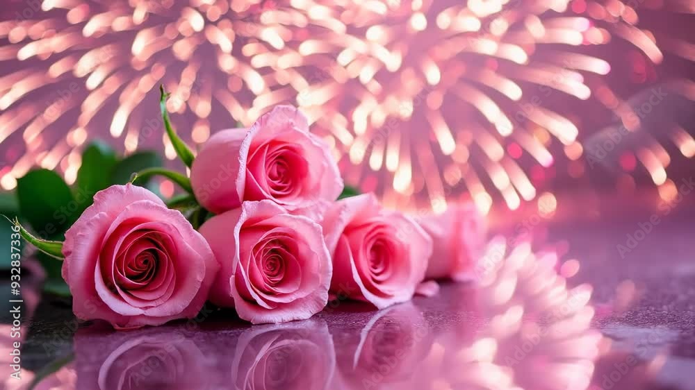 Pink roses gleam on reflective surface. Fireworks explode softly in ...