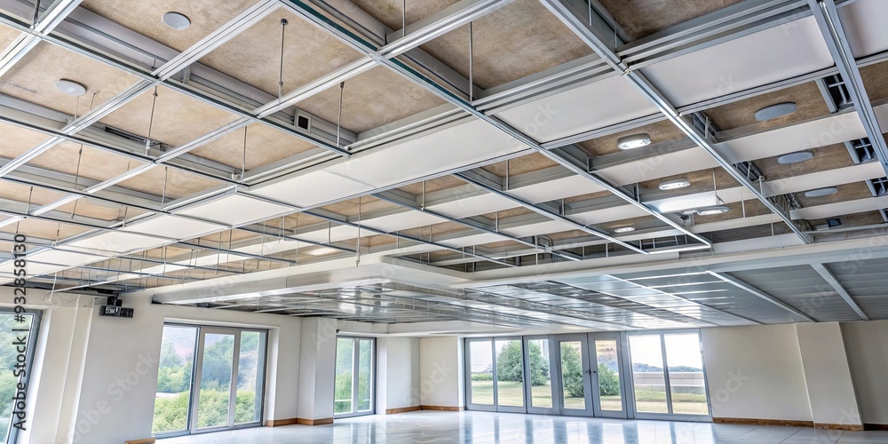 Structure with profiles and plasterboard for suspended ceiling ...