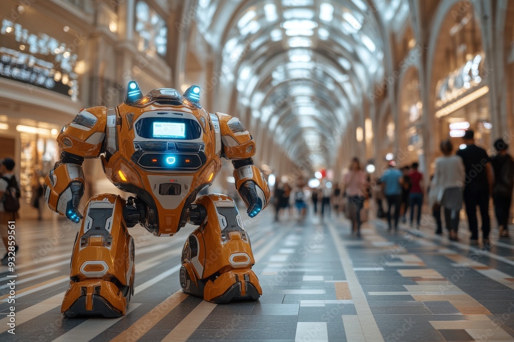 A friendly robot navigates a busy shopping mall interacting with people ...
