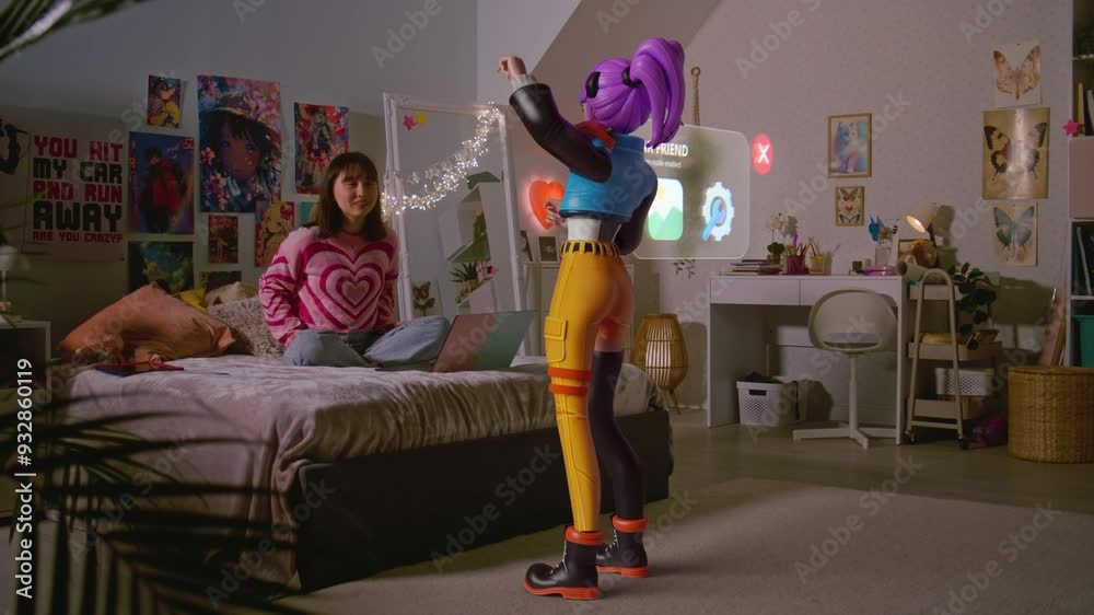 Teenage girl talks to 3D animated avatar in cyberspace AI chat sitting ...