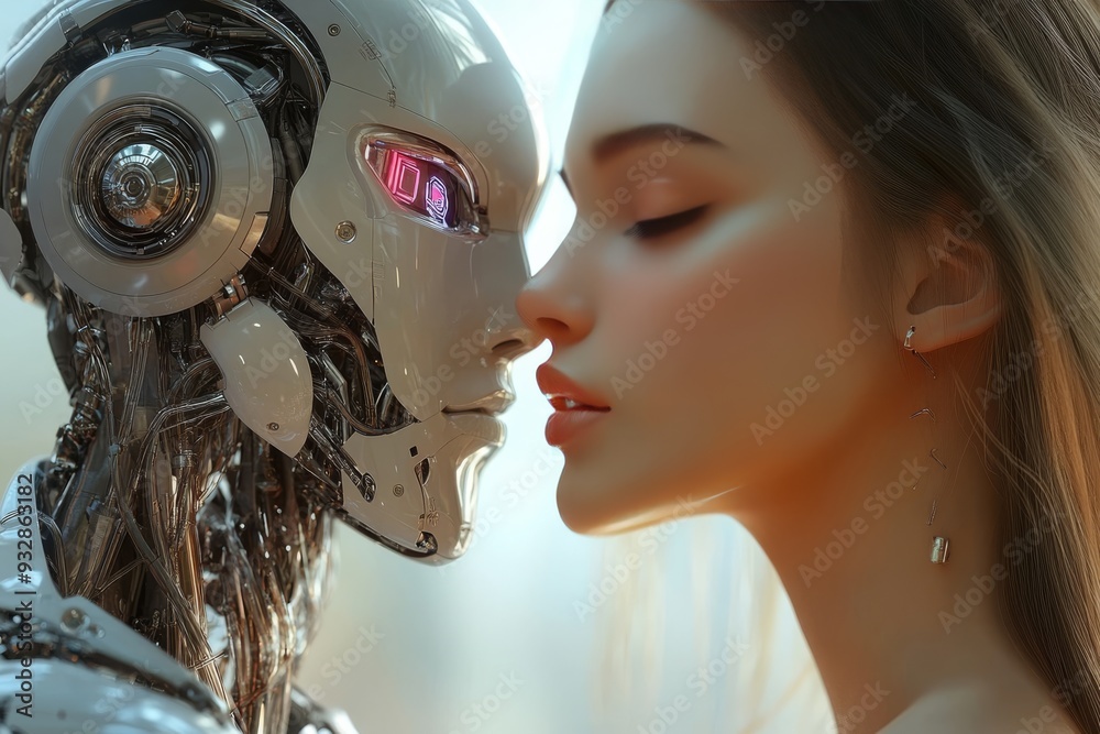 Close up of a female cyborg and a human woman sharing a tender moment ...