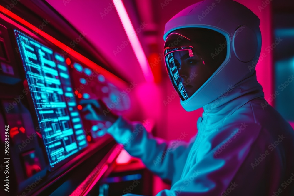 Person working at a high tech control station surrounded by vibrant ...