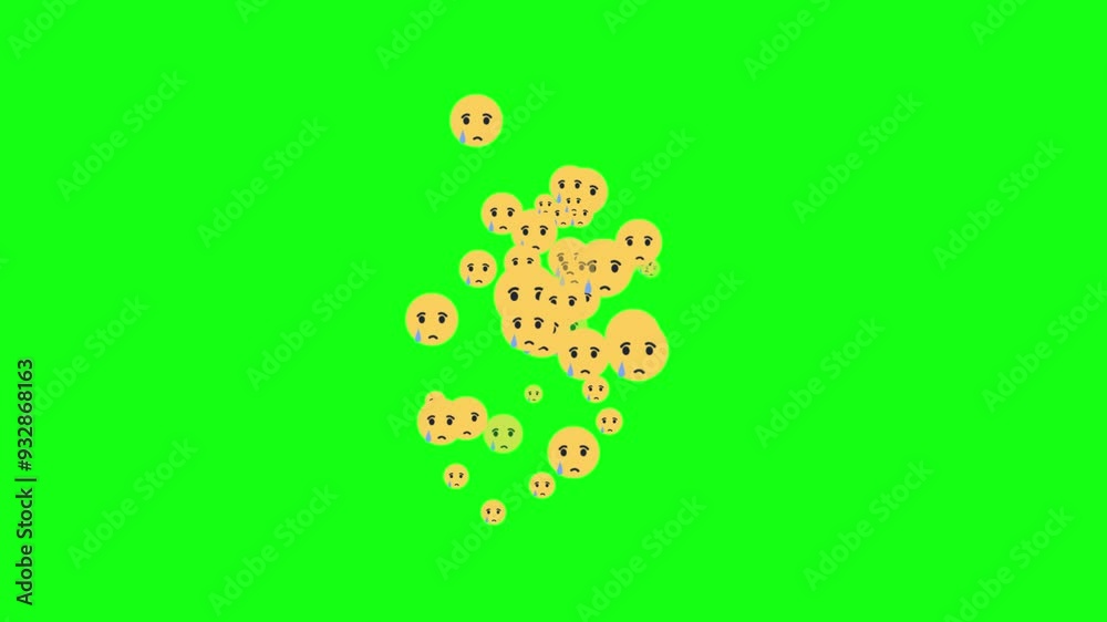 Animated exploding sad emoji particles on green background, social ...