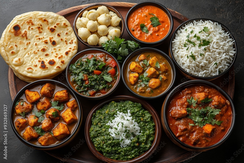 A traditional Indian feast with tricolor dishes. Indian food Curry ...