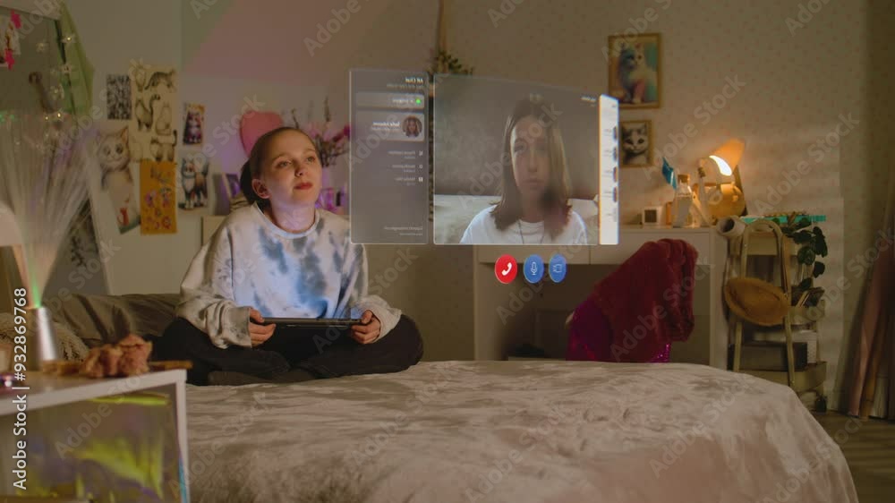 Teenager girl uses tablet computer, talks to friend in AR chat app ...