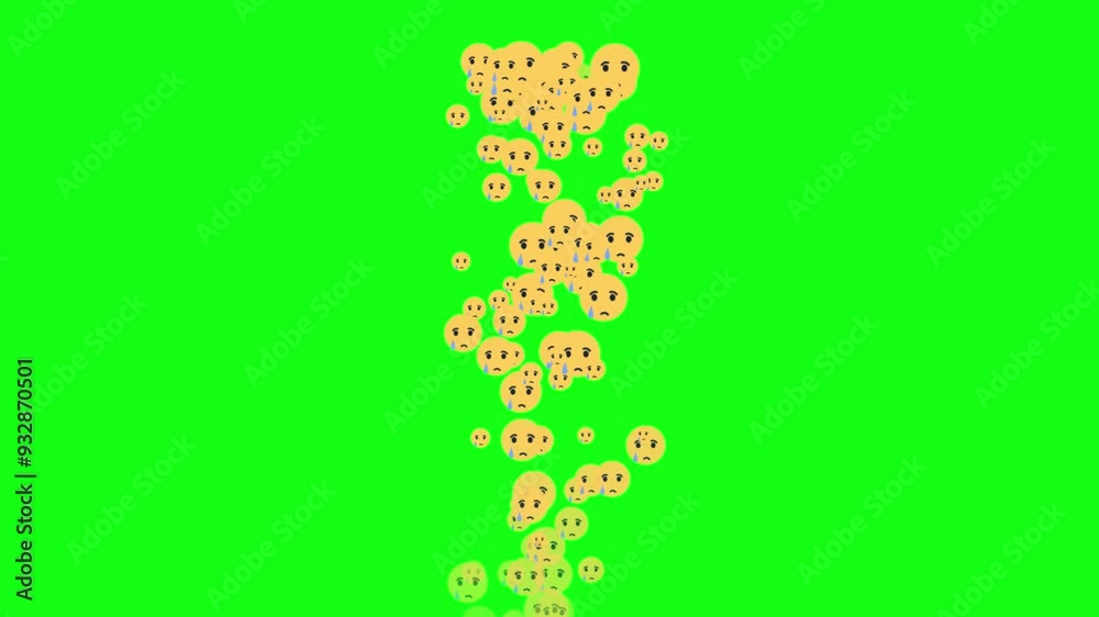 Animated sad emoji particles on green background, social media ...