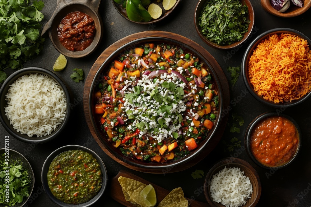 A traditional Indian feast with tricolor dishes. Indian food Curry ...