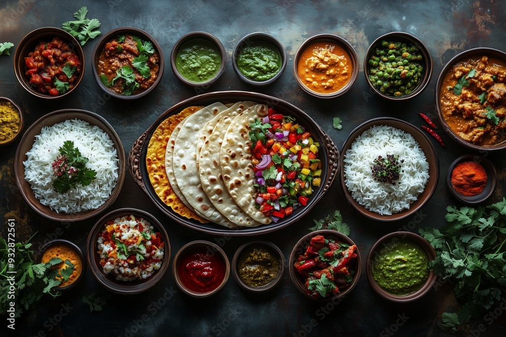 A traditional Indian feast with tricolor dishes. Indian food Curry ...