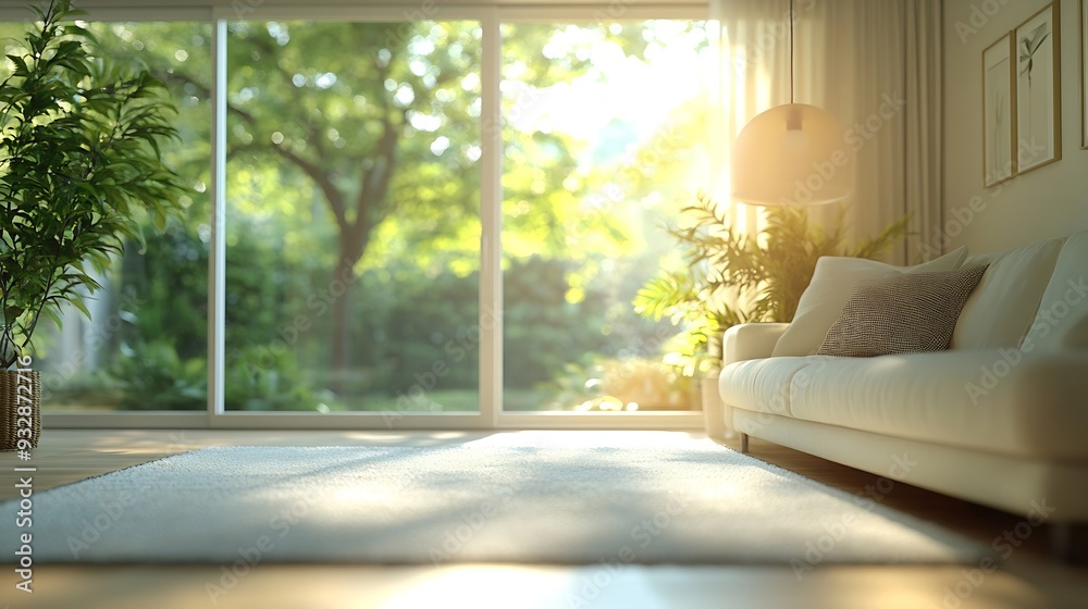 Blur living room at home with morning sunlight at big window for ...