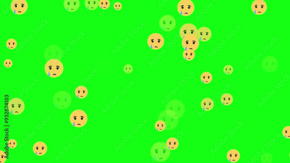 Animated sad emoji particles on green background, social media ...