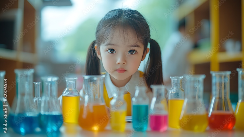 Girl classroom and science beaker for learning education and test with ...