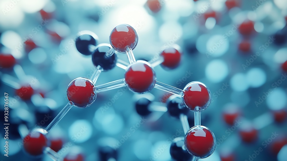 Image of chemical compounds and scientific formulas over atom model in ...
