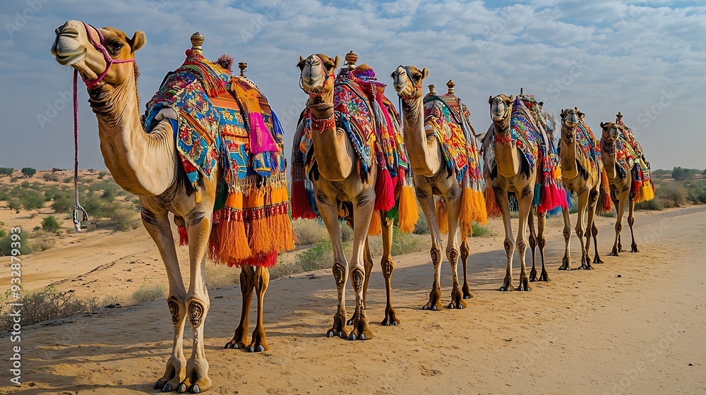 Camels with traditional dresses waiting beside road for tourists for ...