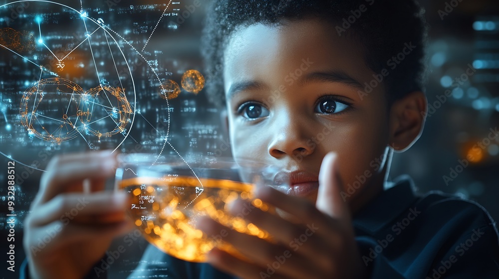 Image of elemental diagrams over african american schoolboy holding ...