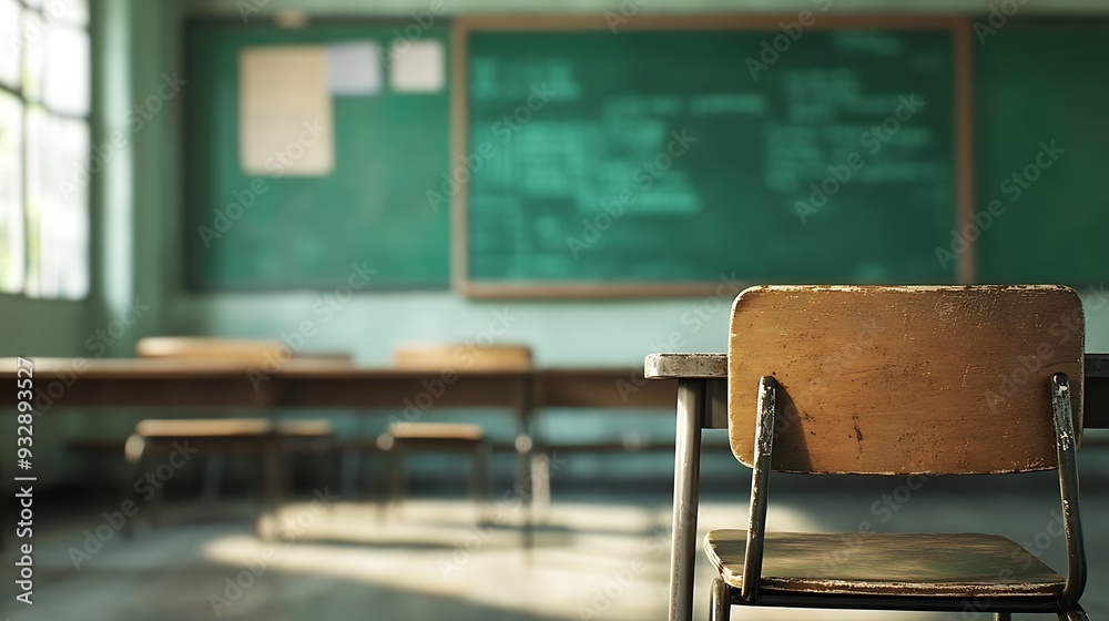 Blur background of interior design of empty classroom with blackboard ...