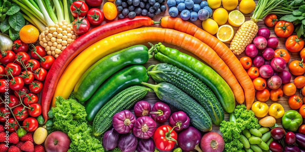 Colorful display of various fresh fruits and vegetables in a rainbow ...