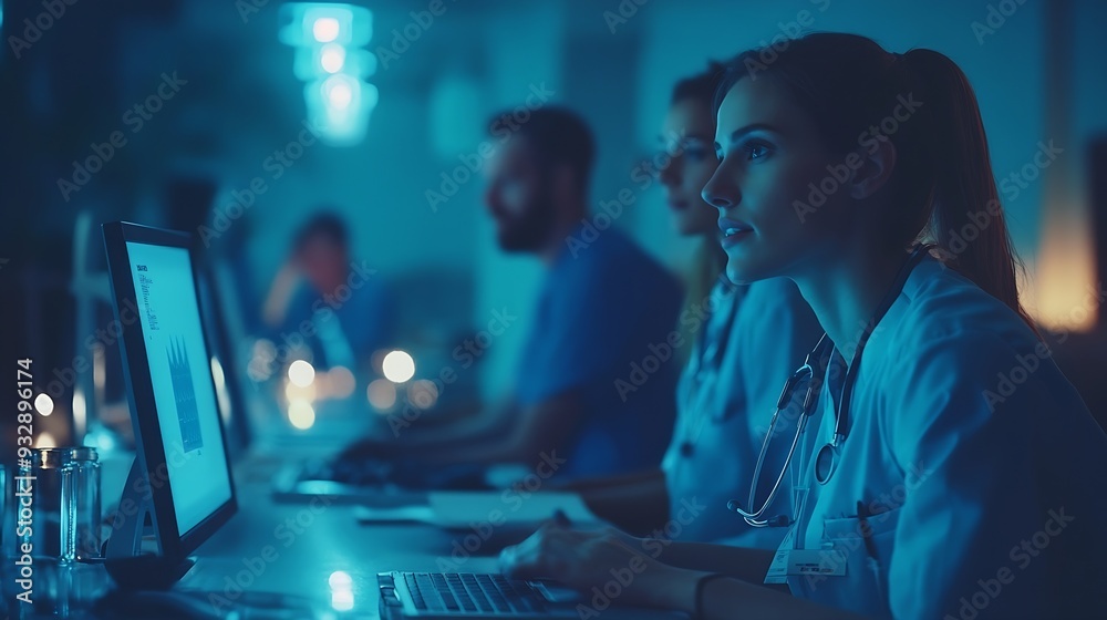 Doctor nurse and teamwork in meeting with computer presentation and ...