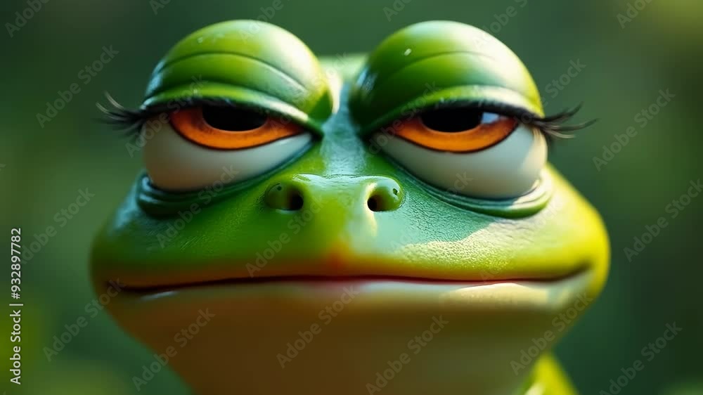Green cartoon frog with large, expressive eyes blinks slowly. Tears ...