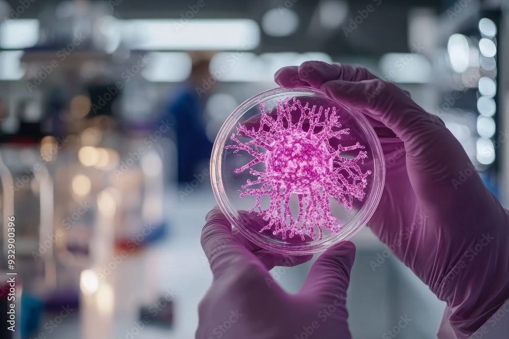 Scientist holding a petri dish with glowing bacterial culture ...