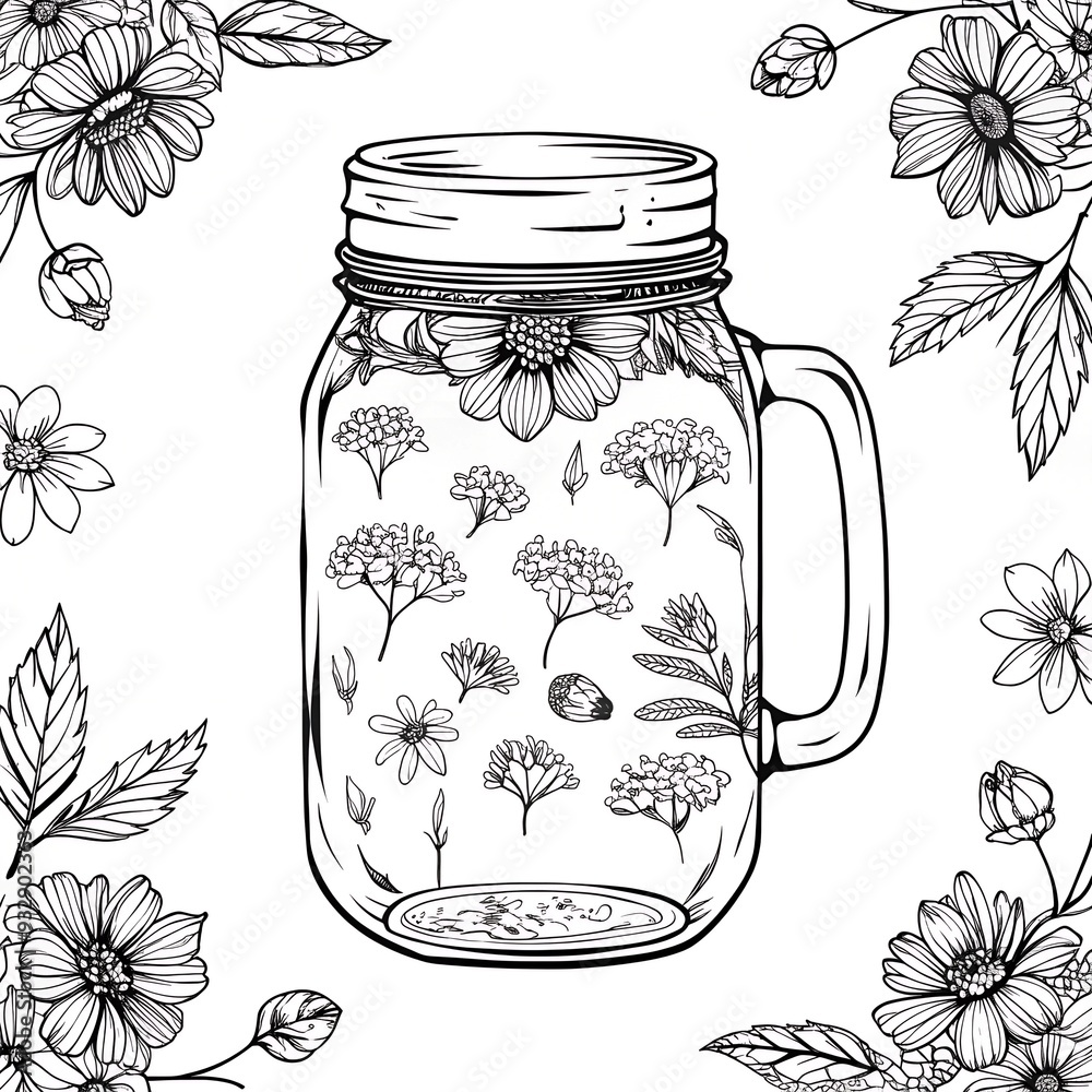 Highly Detailed Monochromatic Botanical Illustration of Mason Jar with ...