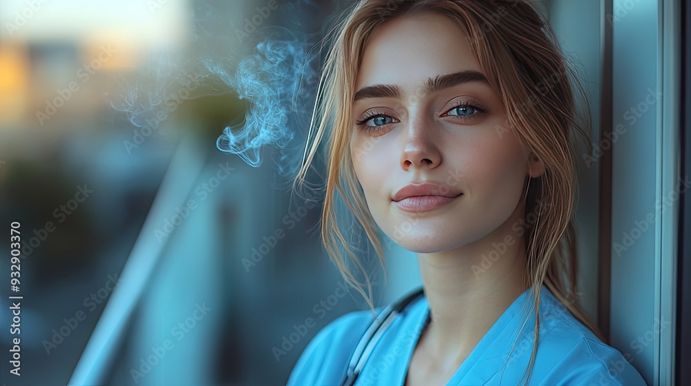 nurse smoking cigarette at balcony after work doctor feeling ...