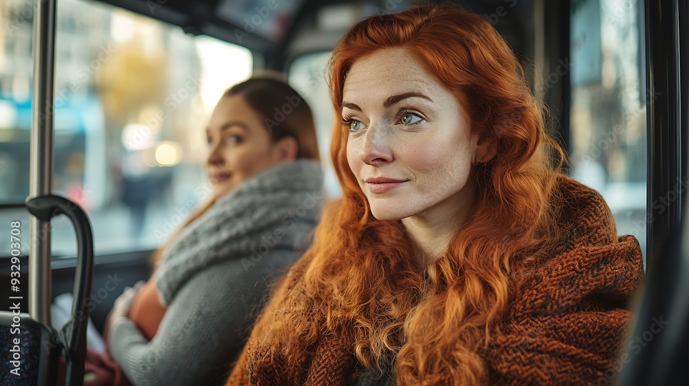 Redhead woman turning around in her seat to ask a pregnant lady who is ...