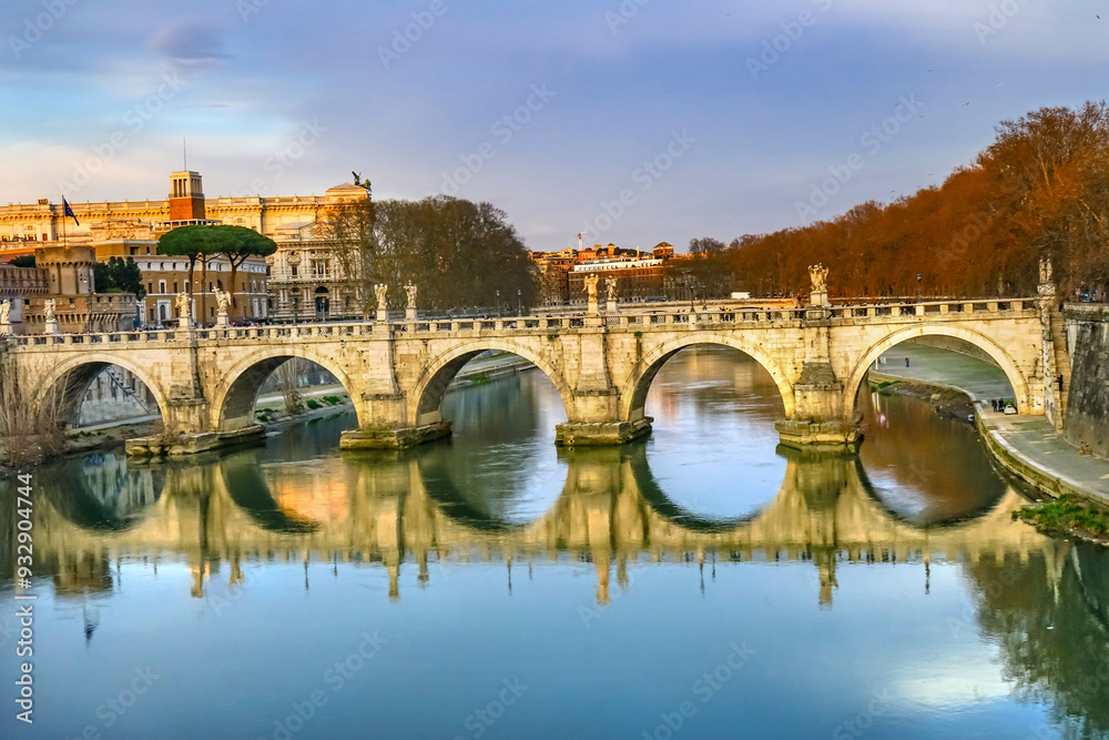 St. Angelo Bridge, Tiber River reflection, Rome, Italy. Bridge first ...