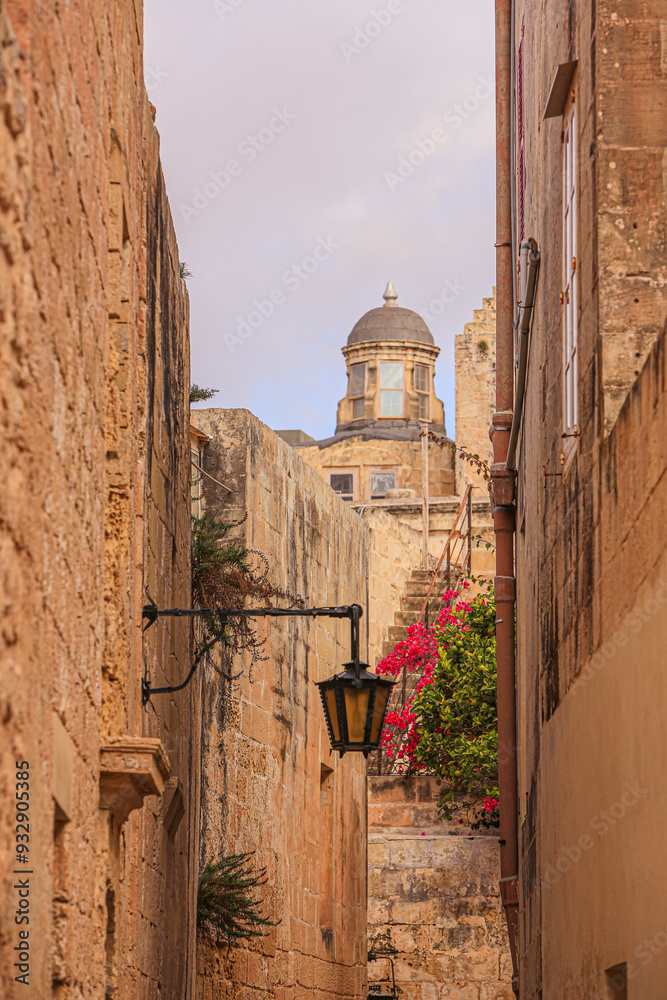 Mdina, Malta. Old walled city, narrow limestone walls, church dome ...