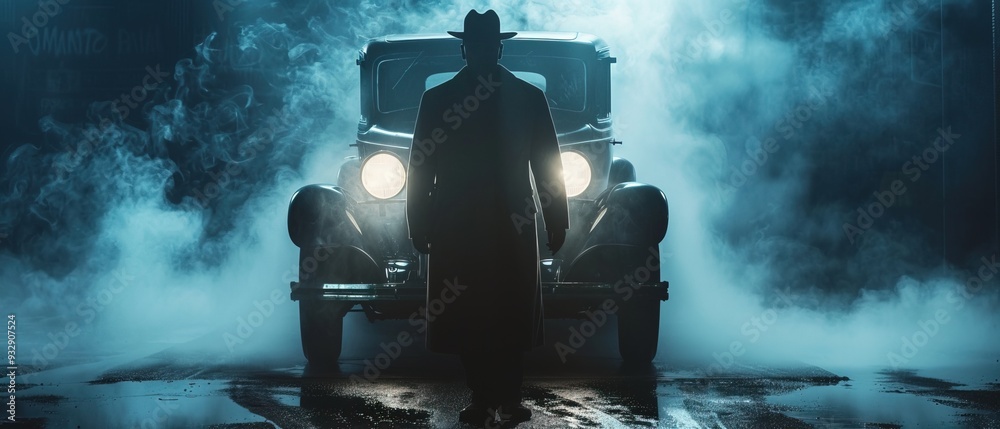 1930s Mafia boss in smoky room vintage car in background aura of power ...