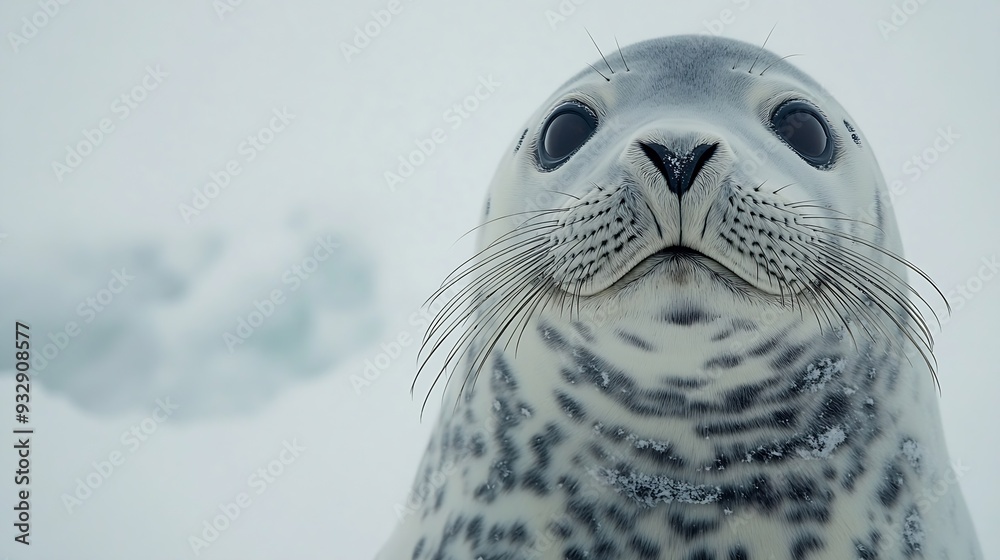 A large grey harp seal or harbor seal on white snow and ice looking ...