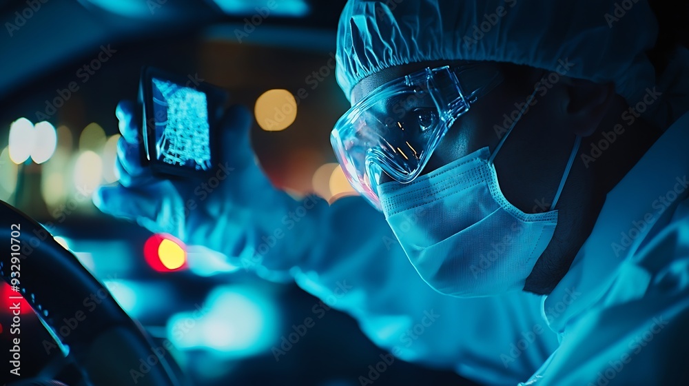 Forensic investigation and photography of evidence in crime scene car ...