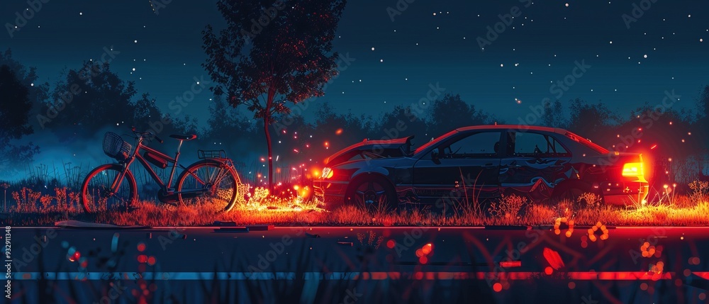 A night-time accident scene showing a car and a bicycle crashed due to ...