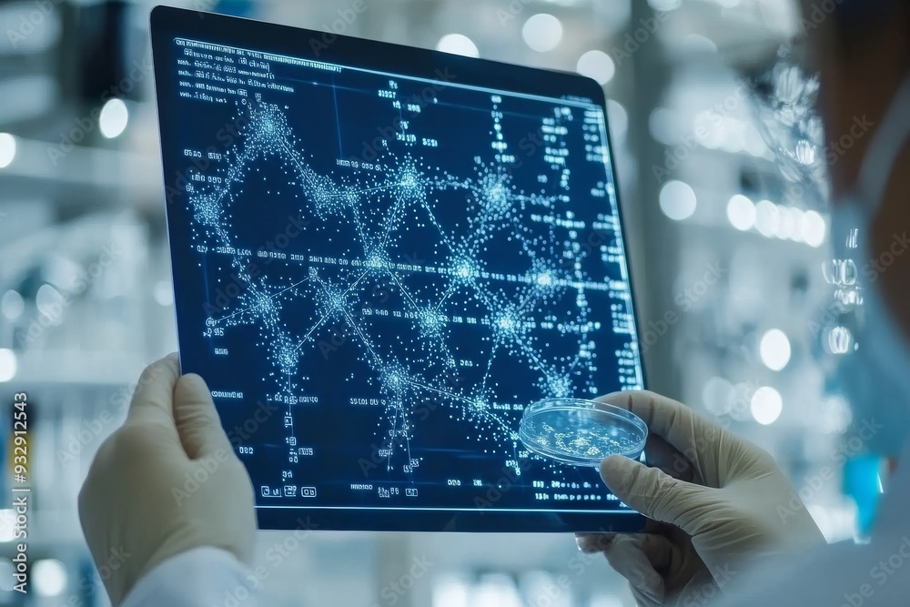 Scientist analyzing complex network data on a digital screen ...