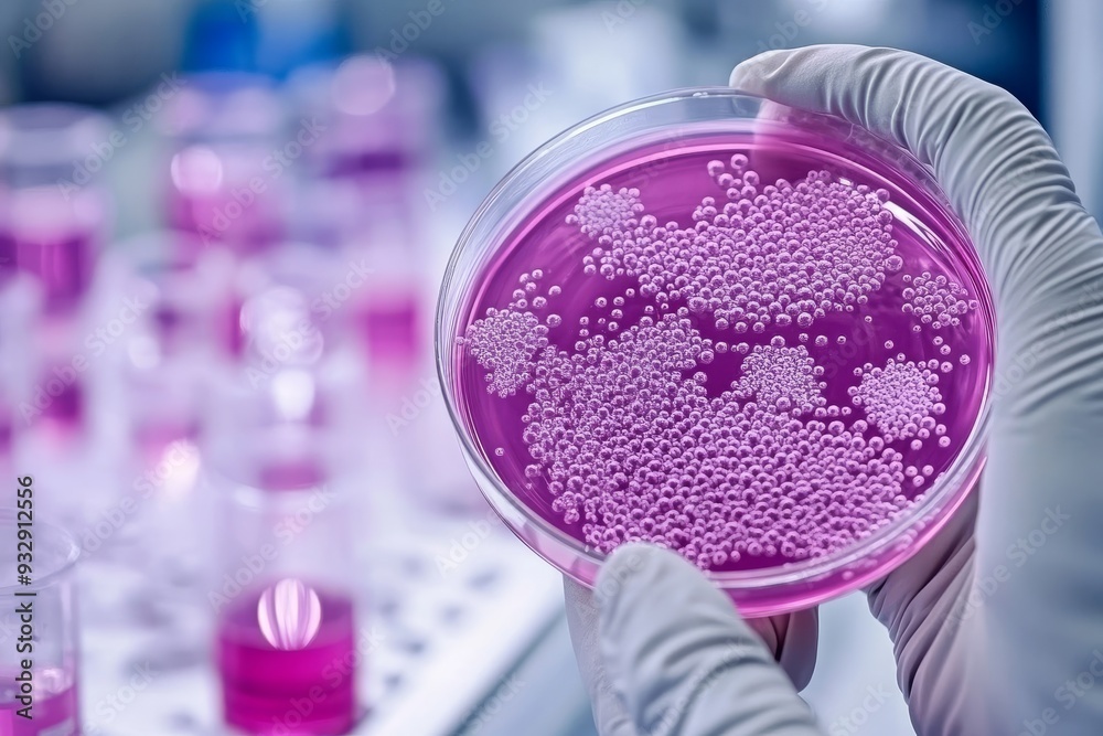 Hand holding a Petri dish with vibrant pink microbial colonies ...